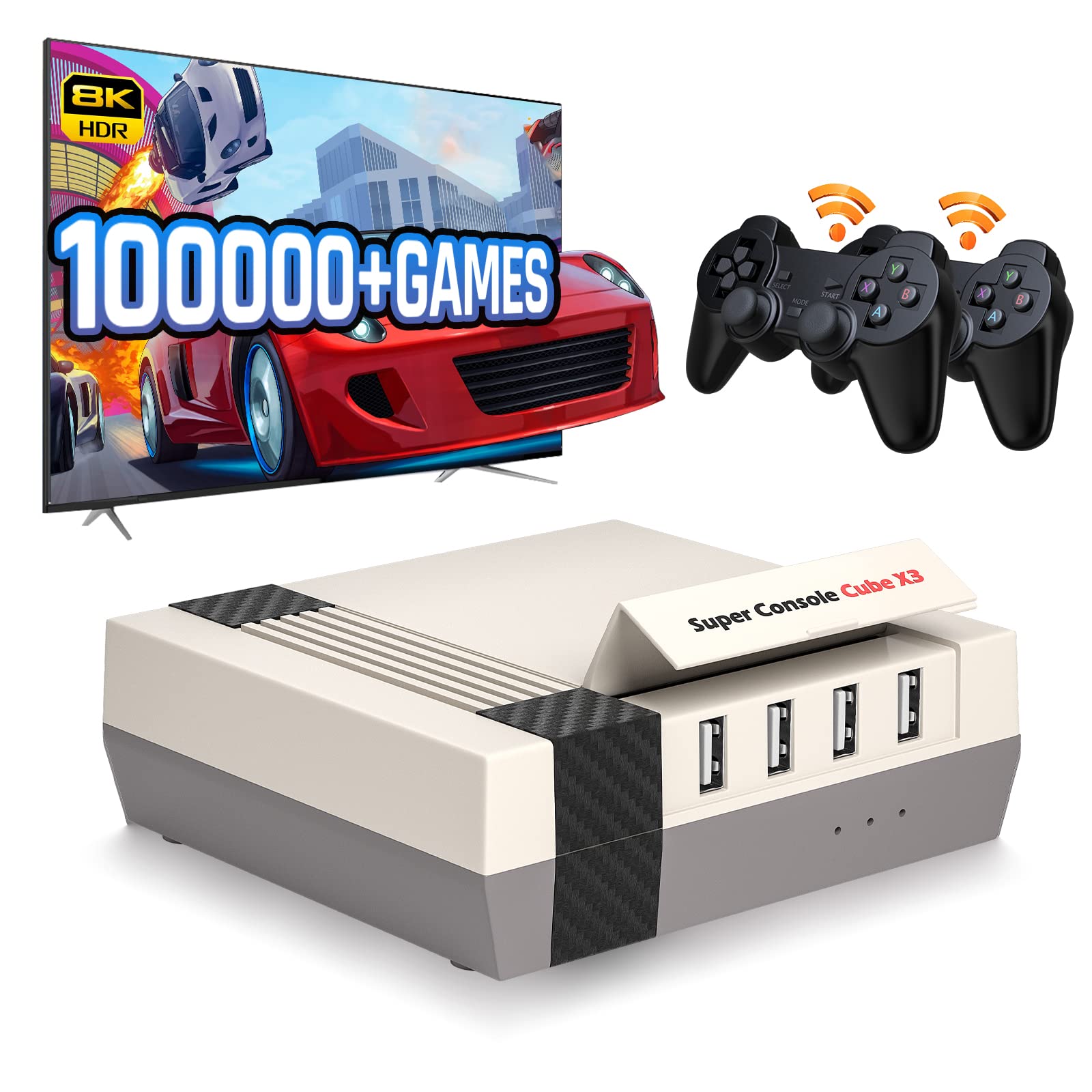 Kinhank 100,000+ Games Super Console Cube X3 Classic Game Consoles,S905X3 Chip,3 Systems in 1, 4K TV HD/AV Output,5 USB Port, Dual Wireless Controllers,Gift for Friends
