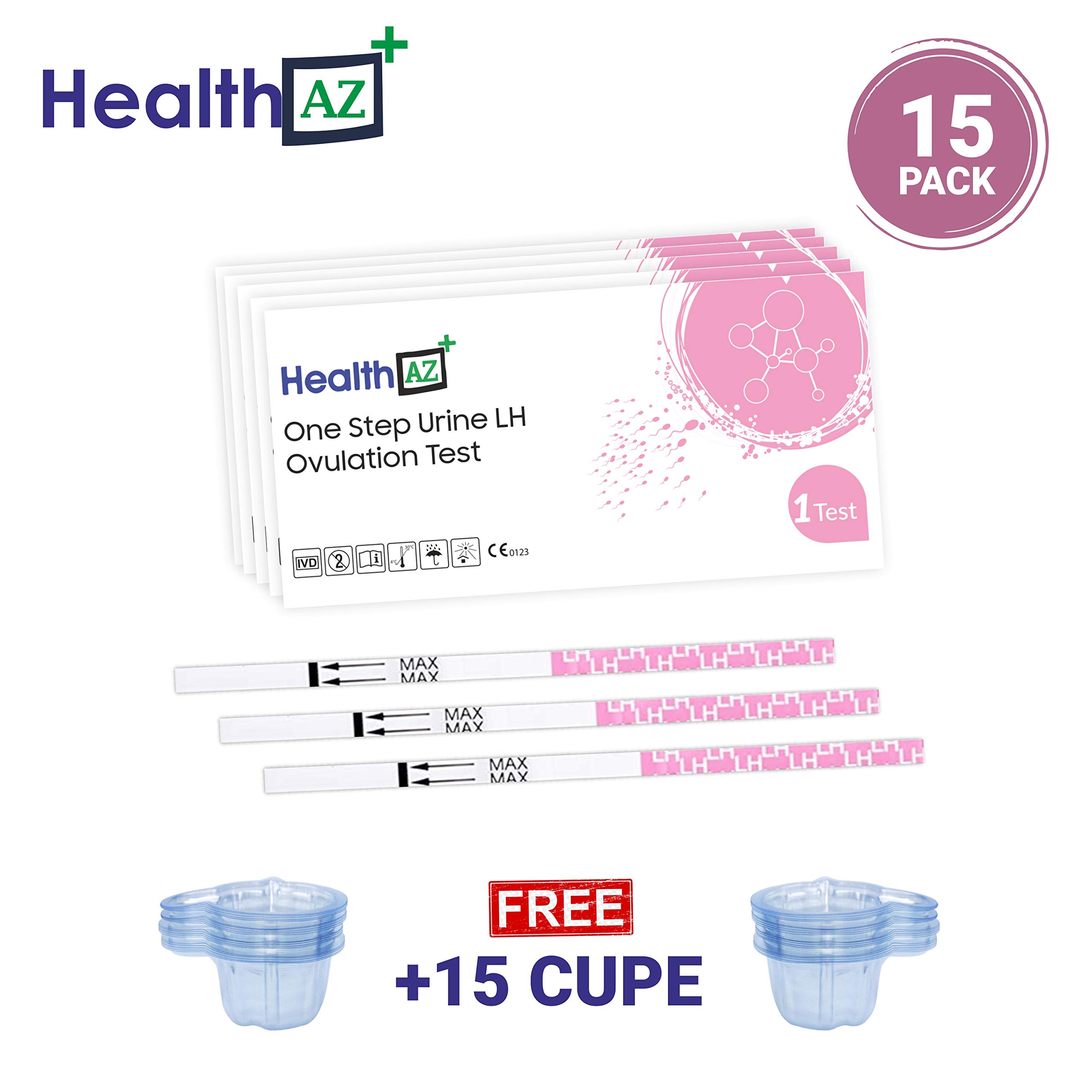 HealthAZ -LH-Ovulation-Test-Strip-3.0MM,Predictor kit, FREE-15 Urine Cups Reliable (Pack of 15)