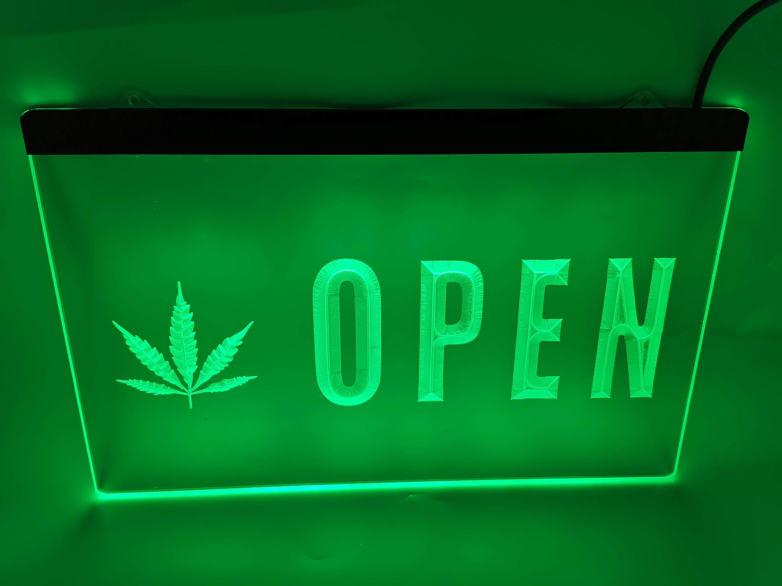 green Open Marijuana Hemp Leaf High Life Bar Pub Led Light Sign