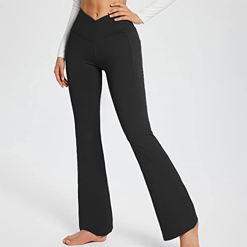 TIMIFIS Yoga Pants Women Flare High Waisted Leggings with Pockets Casual Loose Bootcut Joggers Solid Color Workout Pants