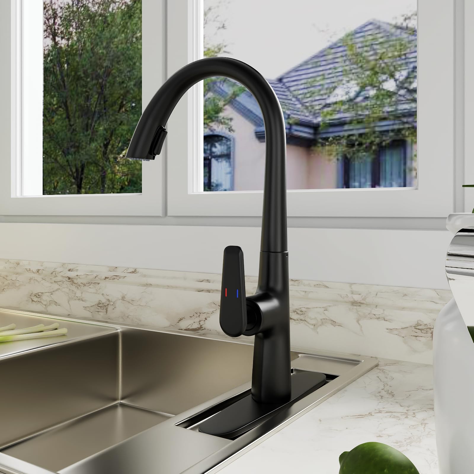 GIVINGTREE Dual Sensors Touchless Kitchen Faucet,One-Handle Pull Down Kitchen Faucet, 2 Mode Sprayer,Fingerprint Resistant, Dual Temp, American Standard braided hoses,Handle with 1/3 Hole Deck Plate