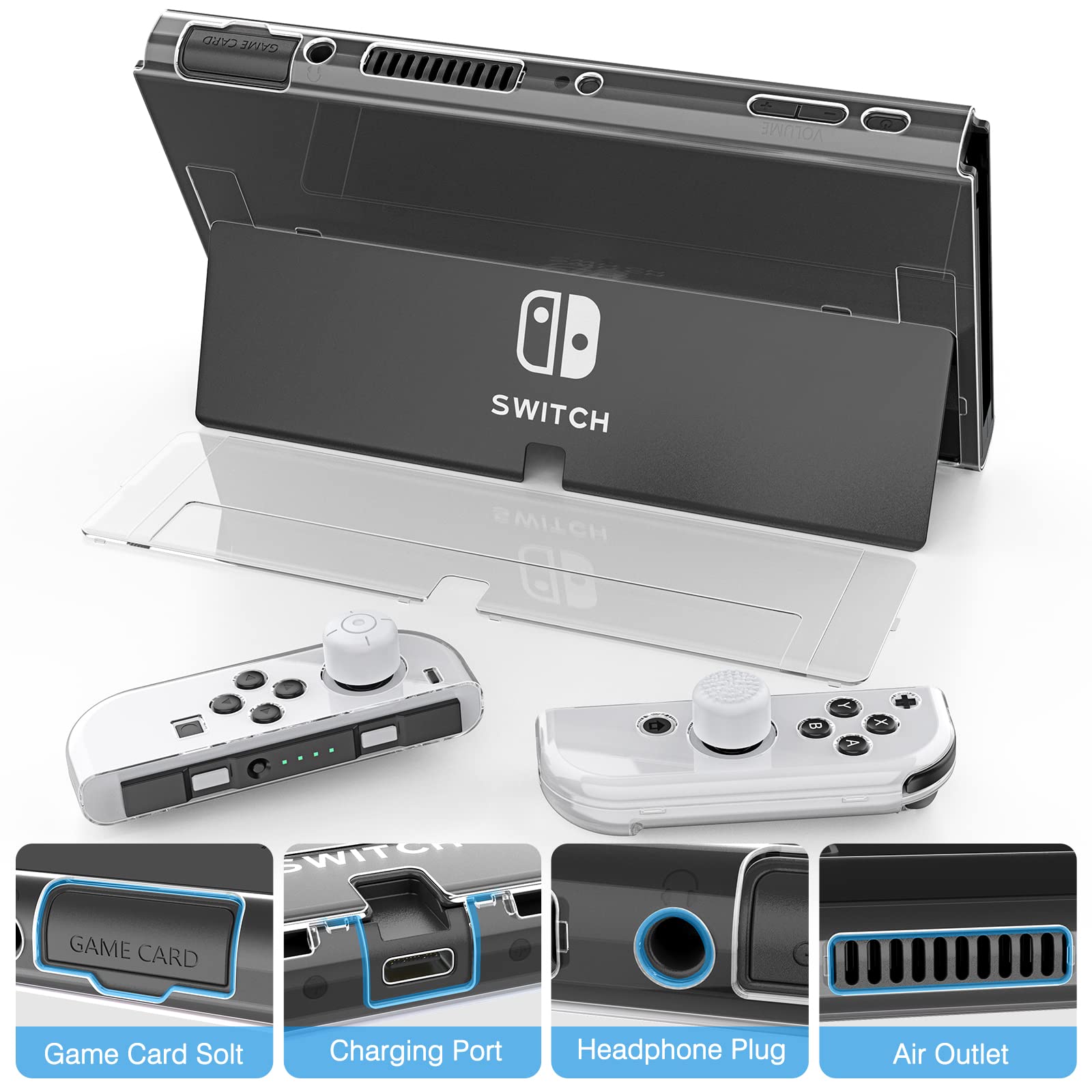 HEYSTOP Switch OLED Case Protector Compatible with Nintendo Switch OLED Model, Removable Hard PC Shell Dockable Switch OLED Protective Case Accessories with Screen Protector & Thumb Grip Caps, Clear