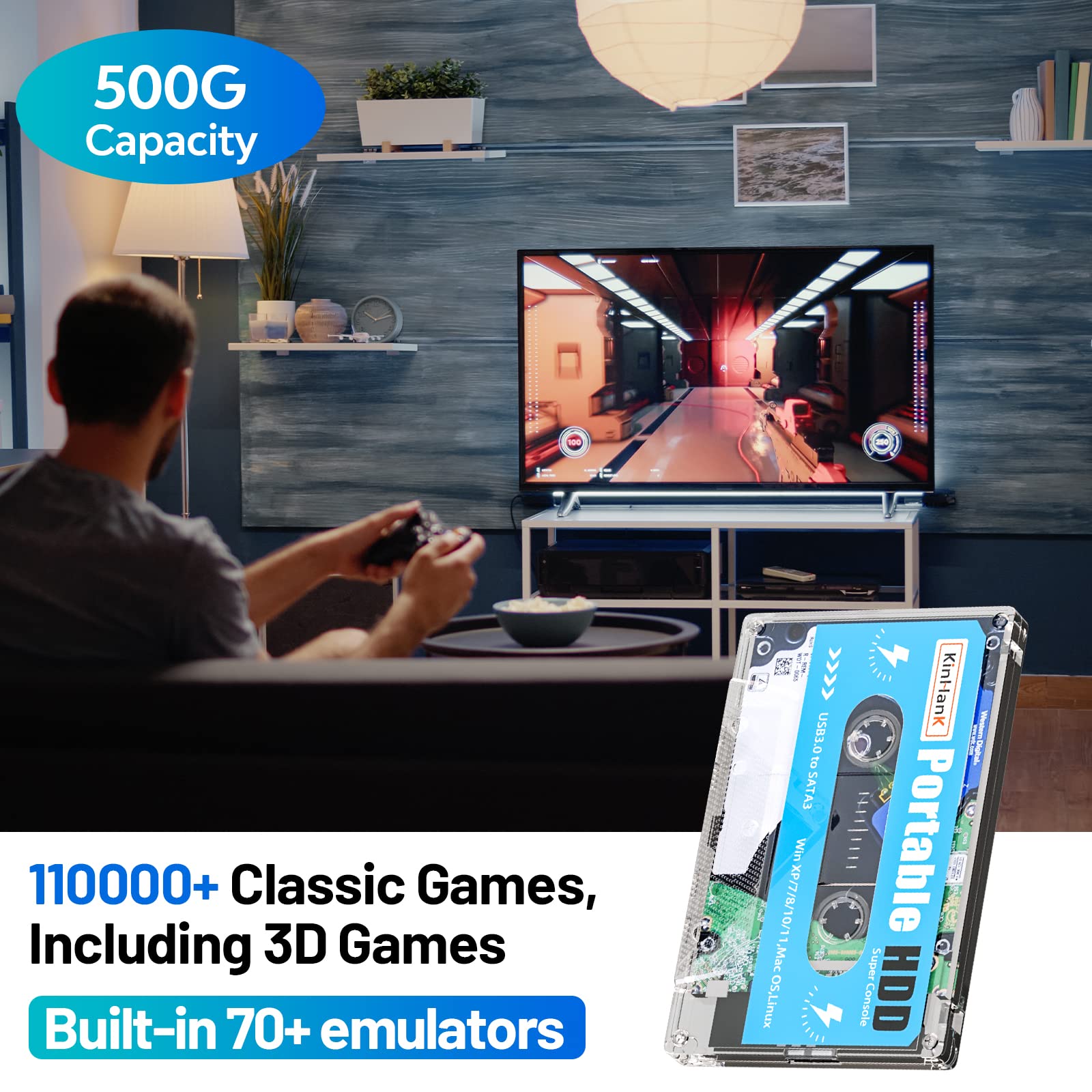 Kinhank 500G Super Console X External HDD Game Console Built-in 110000+Games USB3.0 Batocera 33 Game System for PS3/PS2/PSP/PC/Windows/SEGA SETURN/Mac OS/DC for Laptop(with Gamepads)