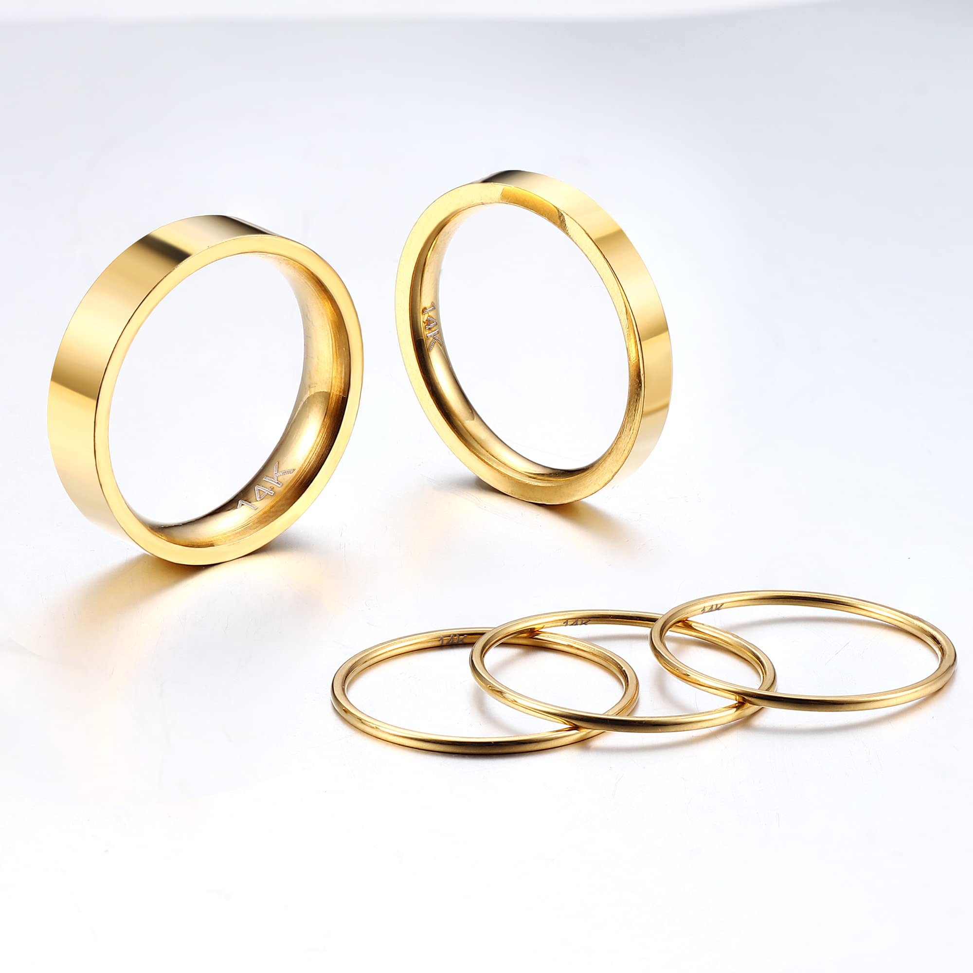 Jstyle 5Pcs 14K Gold Plated Rings for Women Fashion Plain Band Knuckle Stacking Midi Rings Stackable Thin Gold Rings Statement Band Ring 1mm 3mm 5mm 7