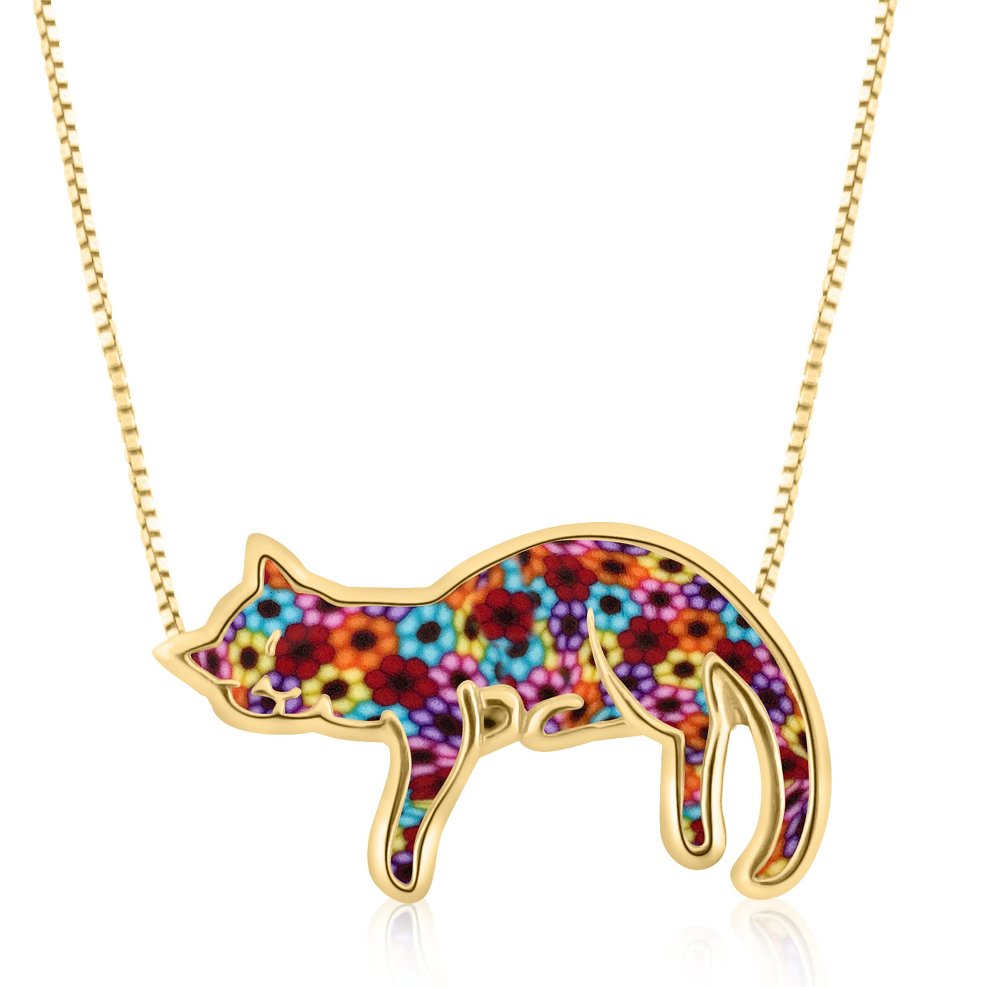 Gold Plated Silver Cat Necklace Kitten Pendant Black Polymer Clay Handmade Jewelry, 16.5" Gold Filled