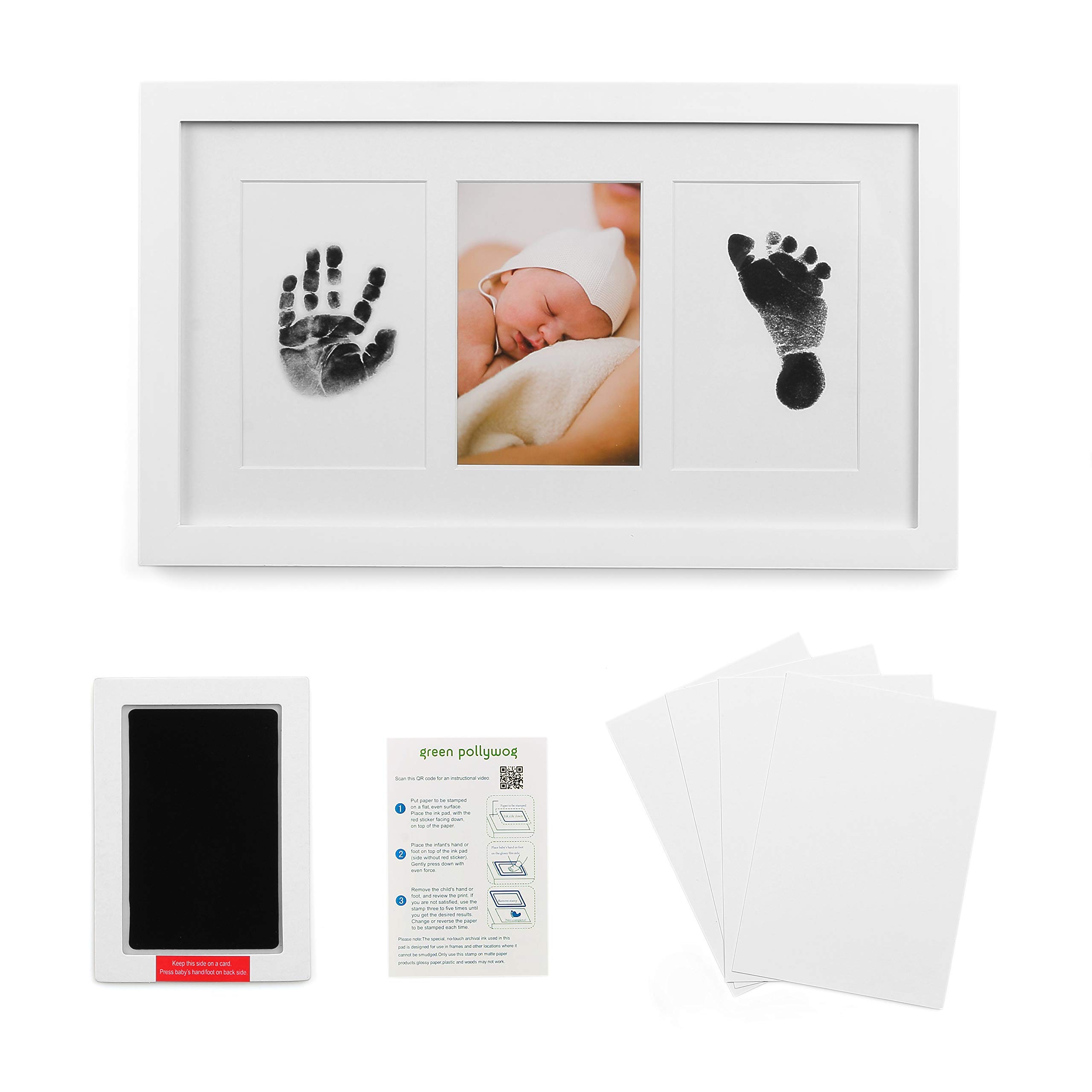 Green Pollywog | Baby Handprint and Footprint Kit | Elegant White Picture Frame | Non-Toxic | Inkless Footprint | Baby Footprint Frame | Newborn Footprint Kit | Baby Ink Pad | Dog Paw Prints