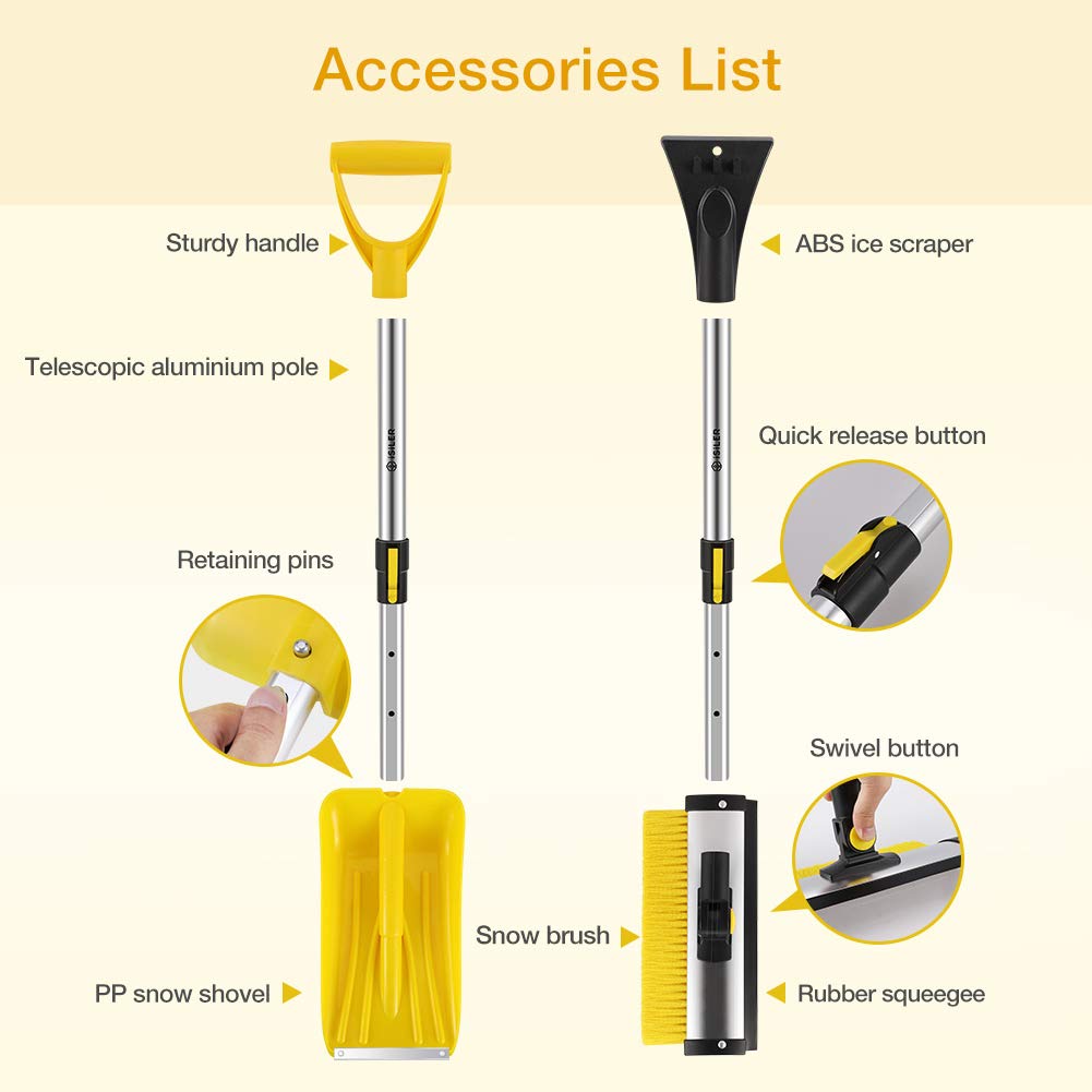 ISILER Extendable 4 in 1 Snow Removal Kit with Snow Shovel, Ice Scraper, Snow Brush and Squeegee for Cars Trucks