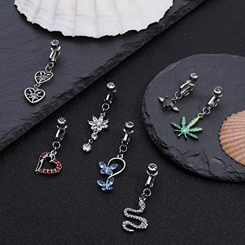 Jstyle 7Pcs Clip on Belly Button Rings Fake Belly Ring for Women CZ Dangle Belly Button Rings Snake Heart Non Piercing Jewelry