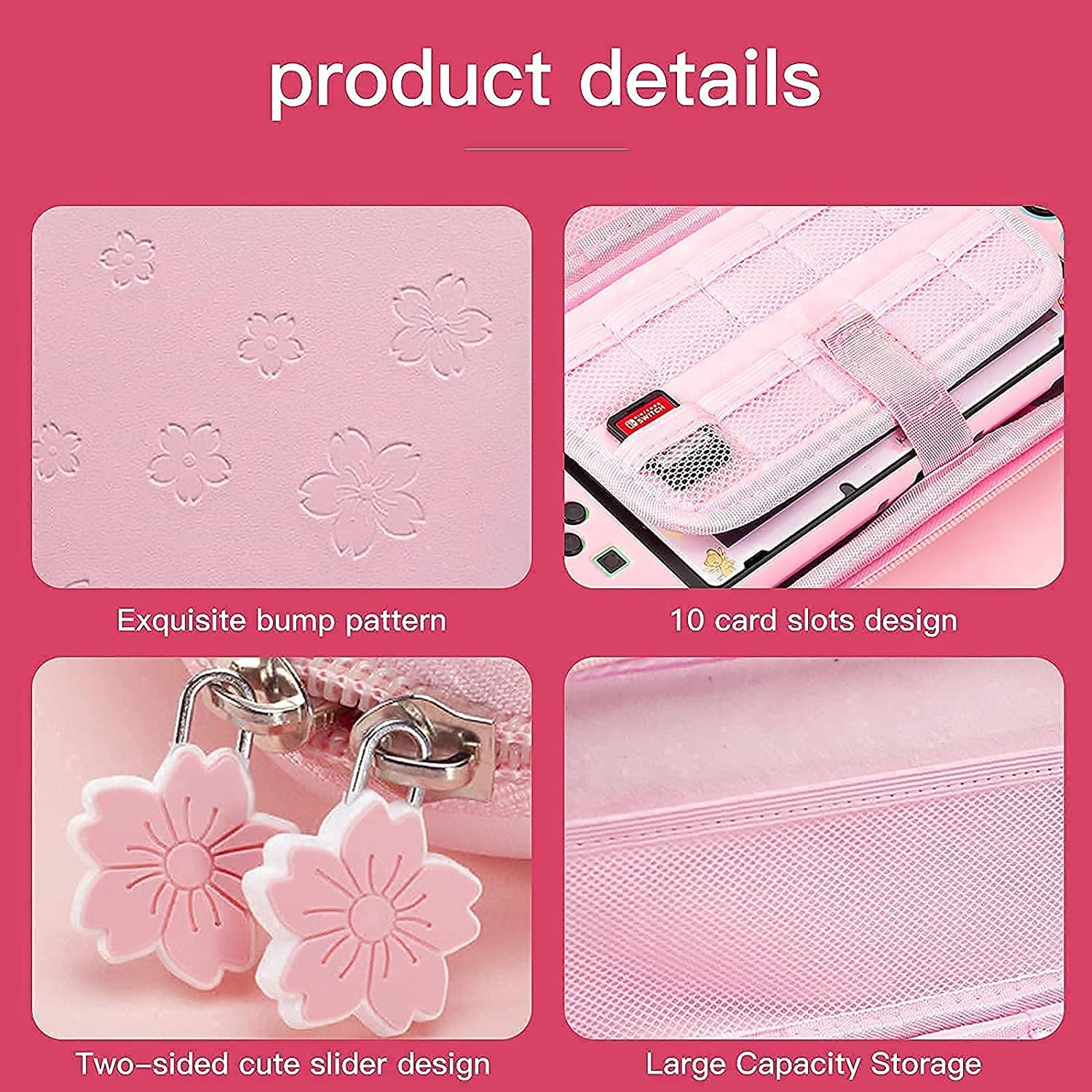 HLRAO Pink Bag Compatible with Nintendo Switch(NOT OLED/Lite), Sakura-Design Shell, Solid Portable Storage Bag, Shockproof, with HD Glass Screen Protector, and 4 Sakura Thumb Grip Caps.