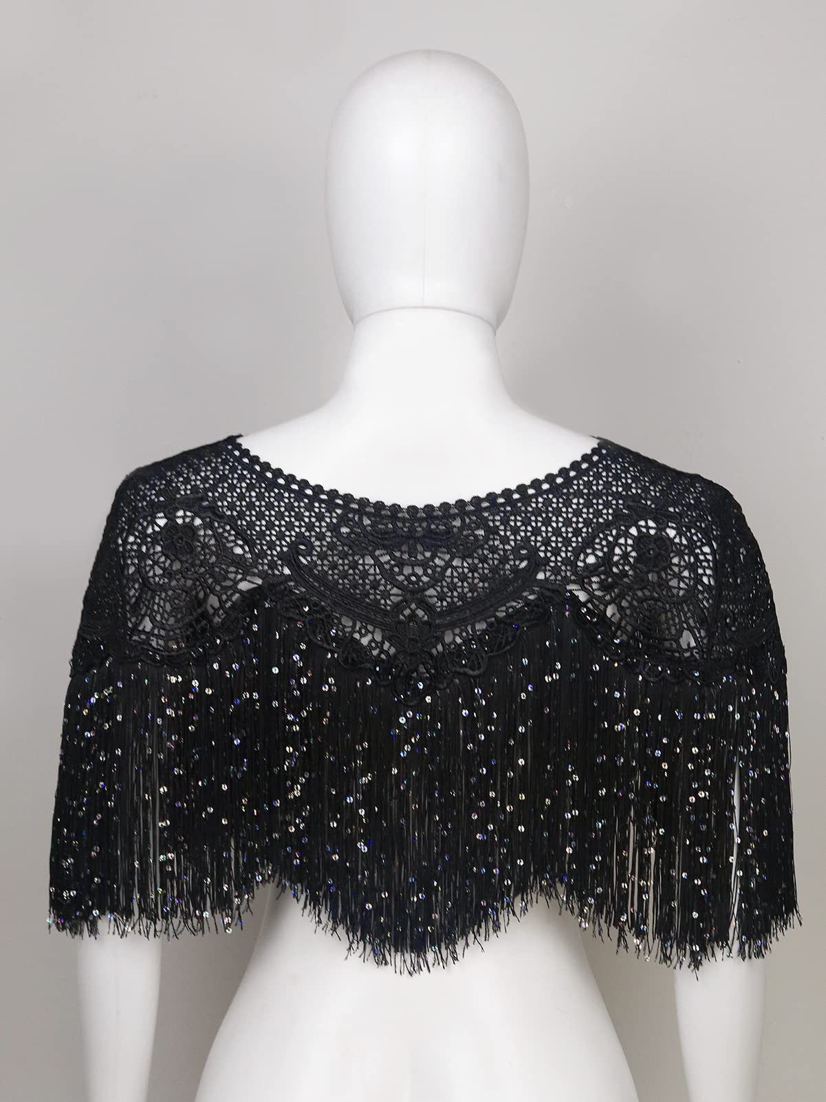 JEGERMIG Gothic Feather Fringe Sequins Shawl Flapper Dress Cape for Evening Dress Wedding Party