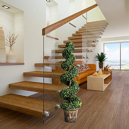 GOPLUS 4 Ft Artificial Boxwood Spiral Topiary Tree, Fake Greenery Plants, Leaves & Cement-Filled Plastic Flower Pot Decorative Trees for Porch Home Office Indoor Outdoor