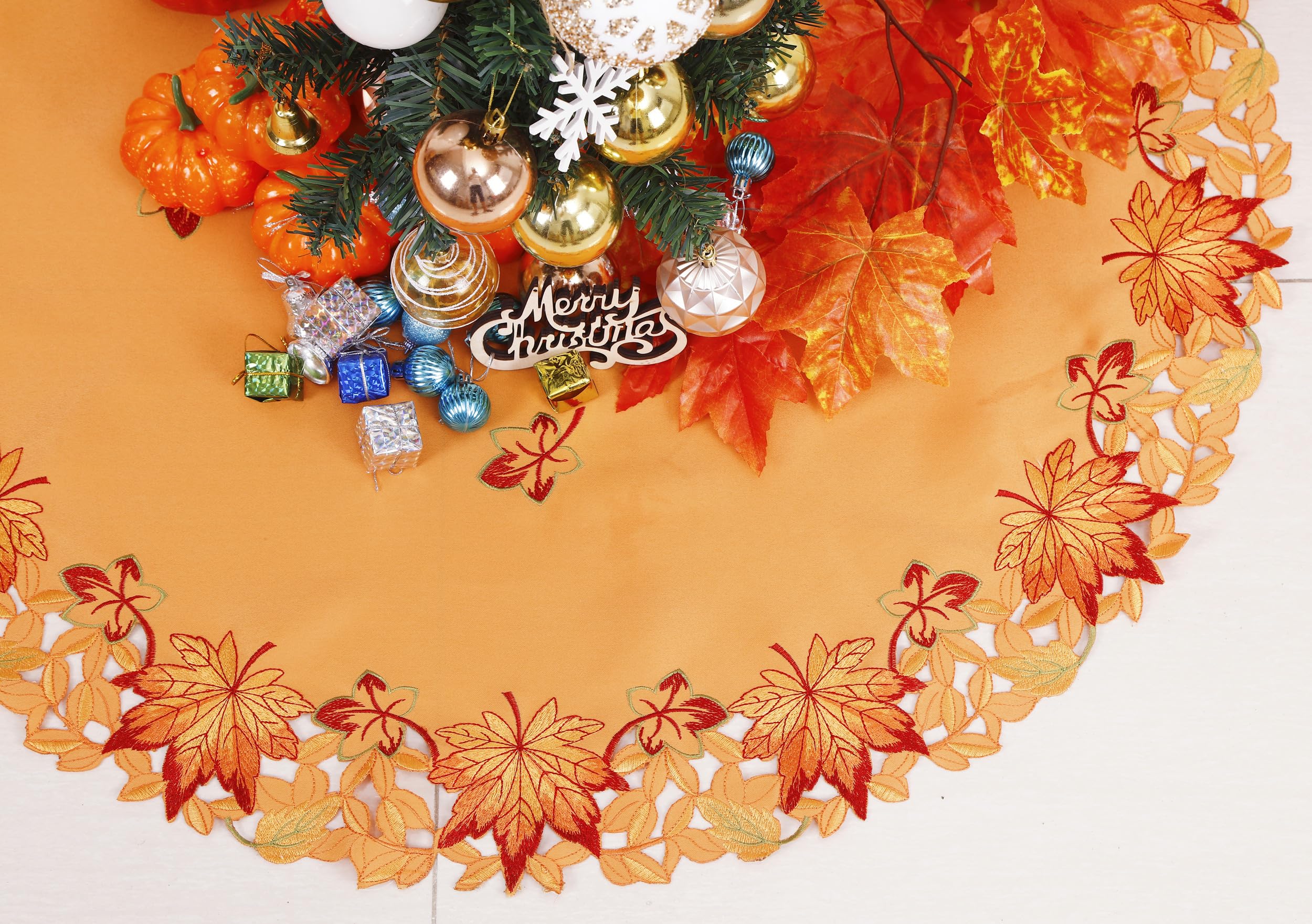 GRANDDECO Christmas Tree Skirt 36 Inch Thanksgiving Fall Tree Mat Harvest Fall Cutwork Embroidered Maple Leaves Xmas Tree Decor for Holiday Party Decorations Indoor Outdoor (Tree Skirt 36" (91cm))