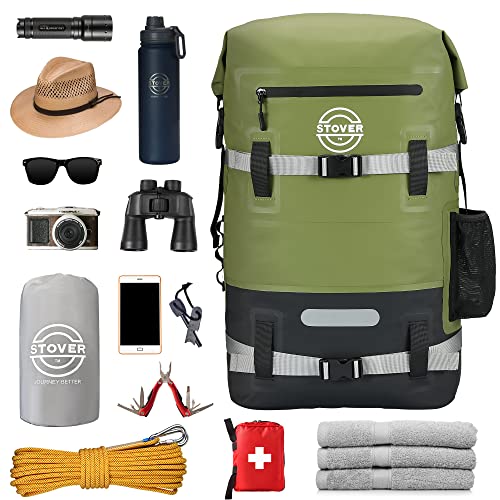 STOVER Waterproof Dry Bag Backpack 35L for Kayaking, Heavy Duty Roll-Top Closure Floating Bag with Front Pocket and Reflective Strip for Outdoor Water Activities (Green)