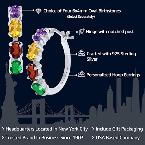 Gem Stone King 925 Sterling Silver Oval Gemstone Birthstone Hoop Earrings | Oval 6X4MM | 22MM | 0.85 Inch Hoop Earrings For Women