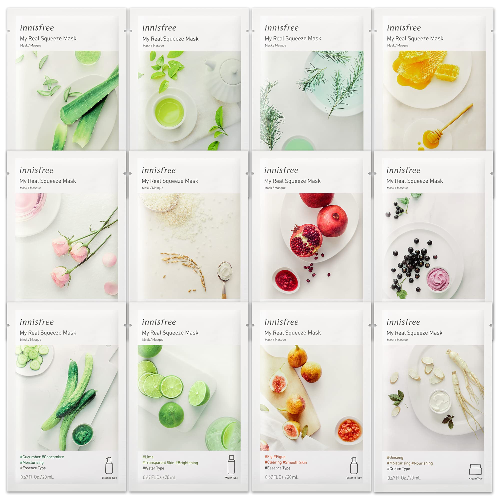 innisfree My Real Squeeze Mask Face Sheet Masks, Variety, 12-Pack, 12 ct.for Professional Skin Care