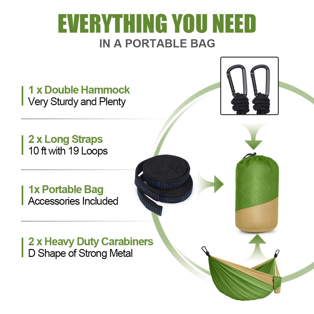 Hinastar Camping Hammock for Outside, Double&Single Portable Hammock with 2 Tree Straps, Parachute Lightweight Nylon Hammocks for Outdoor, Backpacking, Travel, Camping, Hiking(Green & Khaki)