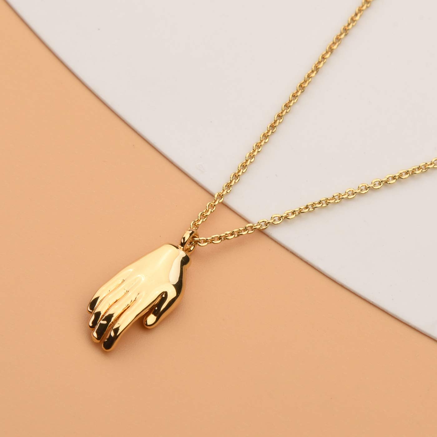 Girafe Hamsa Hand Necklace, 14k Gold Eye Embossed Hand of Fatima Womens Pendant, 16inch