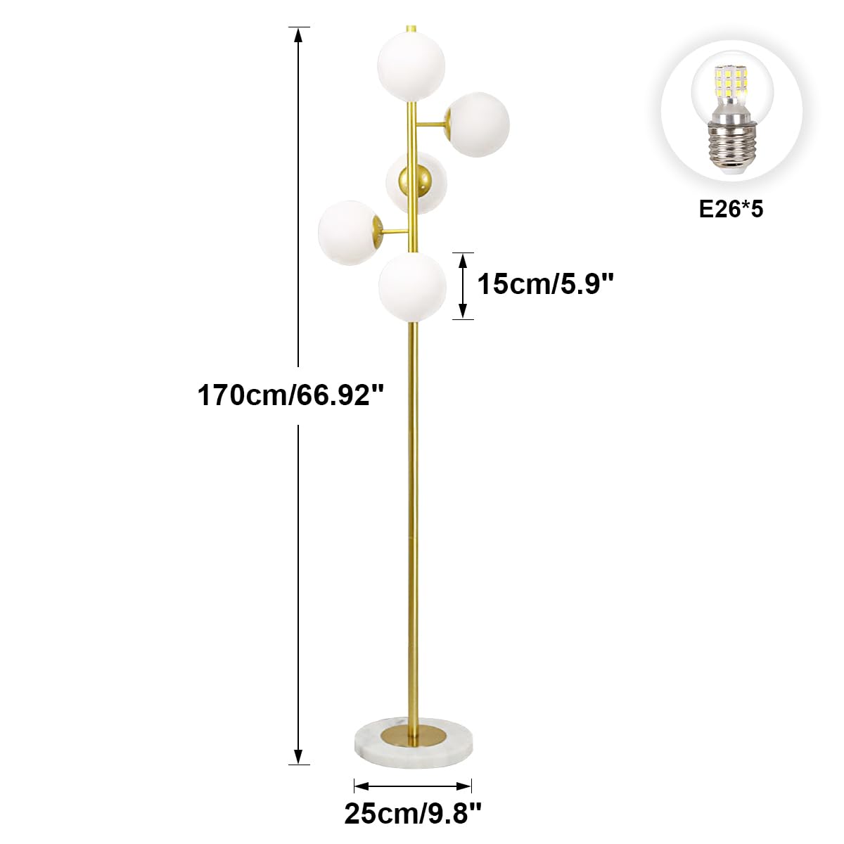 KCO Lighting 5-Light Frosted White Glass Globe Floor Lamp Mid Century Modern Gold Tall Pole Standing Light LED Standing Lamps with Foot Switch for Home Office (Gold)