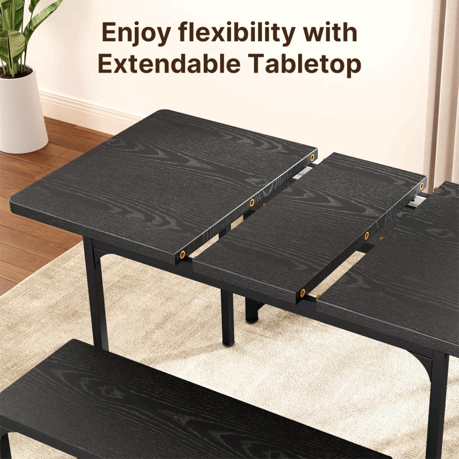 Gizoon Dining Table Set for 4 to 6, Extendable Kitchen Table Set with 2 Benches, Ideal for Small Spaces and Apartment Dining Gatherings, Black