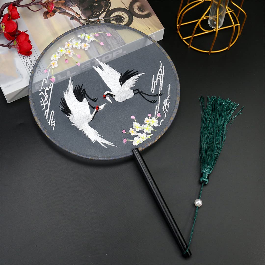 Lmtossey Chinese Fan Double-Sided Embroidery Peacock Kitten Animal Pattern Round Fan Ancient Costume Hanfu Cheongsam Decorative Crafts