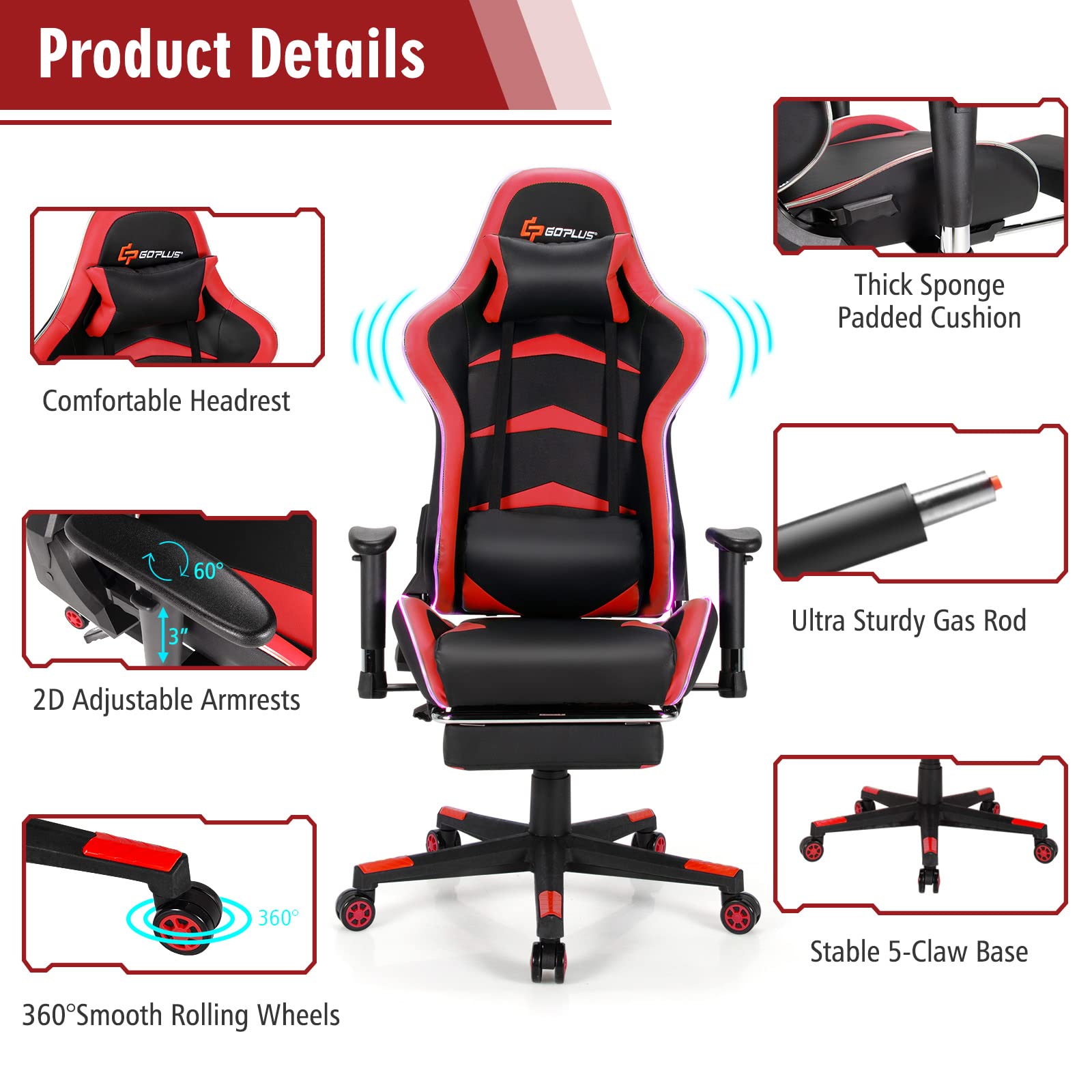 Goplus Massage Gaming Chair with LED Light, Reclining Backrest Handrails and Seat Height Adjustment Racing Computer Office Chair with Footrest, Ergonomic High Back PU Swivel Game Chair