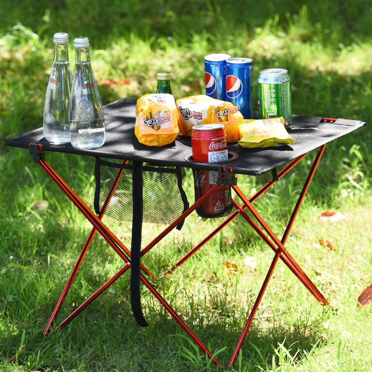 Goplus Portable Camping Table, Lightweight Folding Table with Cup Holders and Carrying Bag, Aluminum Picnic Table Suitable for Camping, Picnic, Outdoor, BBQ, Home