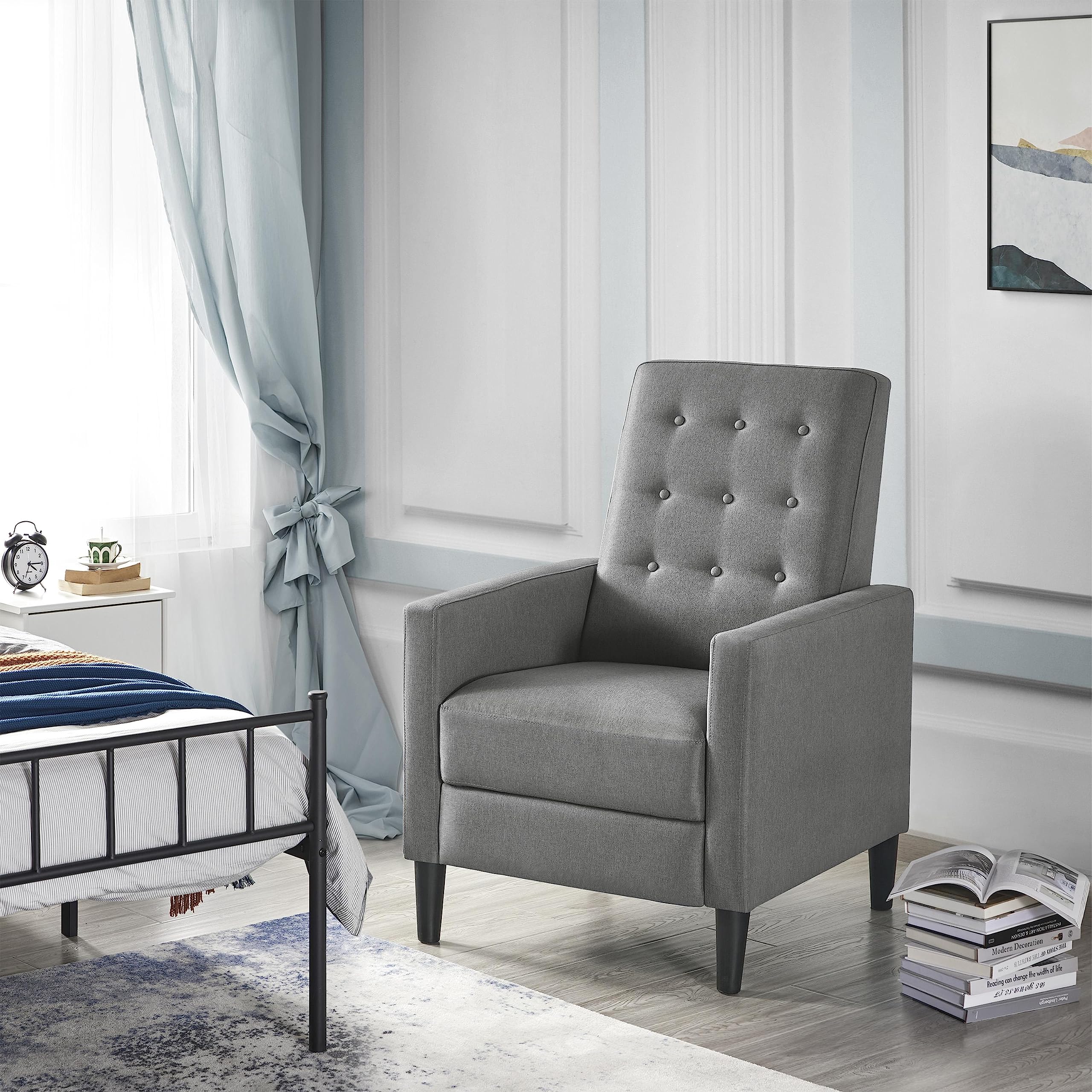 Yaheetech Fabric Recliner Chair Mid-Century Modern Recliner Adjustable Single Recliner Sofa with Thicker Seat Cushion Tufted Upholstered Sofa with Pocket Spring for Living Room Bedroom Gray
