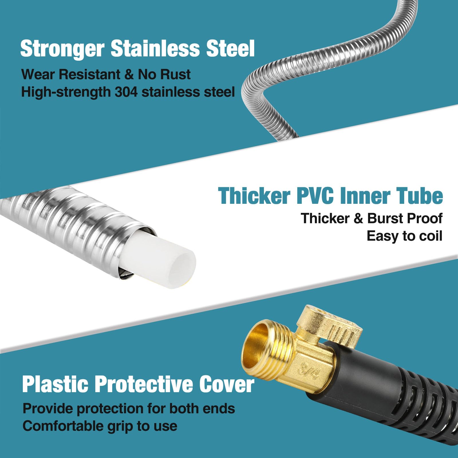 GREENER 50FT Metal Garden Hose, Easy Handle Stainless Steel Hose Heavy Duty Water Hose with Brass Swivel Spout, Lightweight, Easy to Coil, Kink Free, Rust Proof Hose for Yard