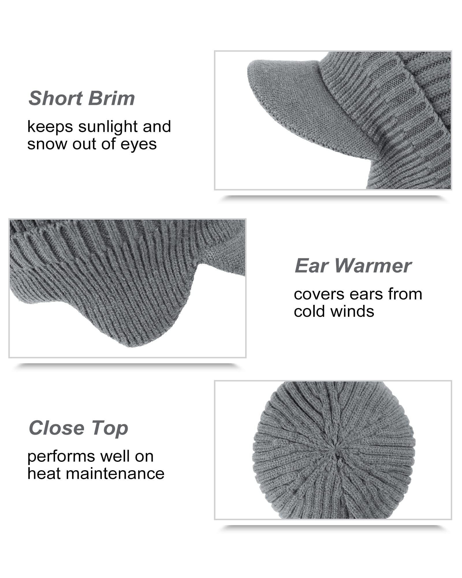 Koreshion Men's Winter Visor Beanie Hat with Earflaps Knit Baseball Cap with Brim Ski Hat Warm Fleece Lined Hunting Hat Grey
