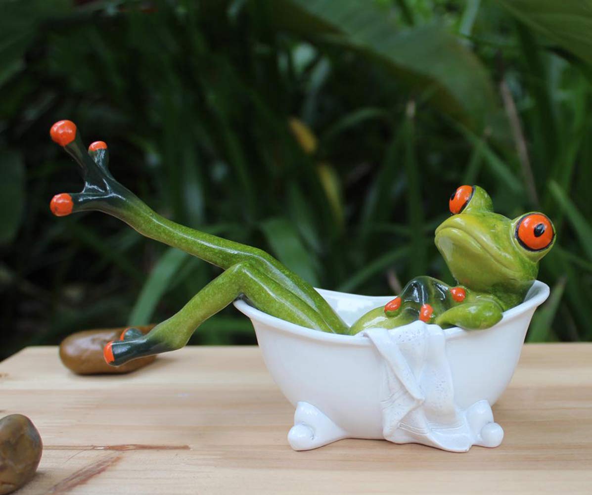 HAPTIME Frog Figurine Decor, A Frog Lying in The Bathtub, Frog Sculpture Statue, Creative Craft Resin, Great for Desk Bathroom Home Decoration (5.3 inch)