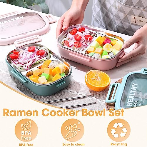 Roshtia 2 Pcs Stainless Steel Leakproof Bento Lunch Box, 28 oz 2 Compartment Metal Portion Control Food Container with Lunch Bag and Utensil Set, BPA Free, Pink and Green
