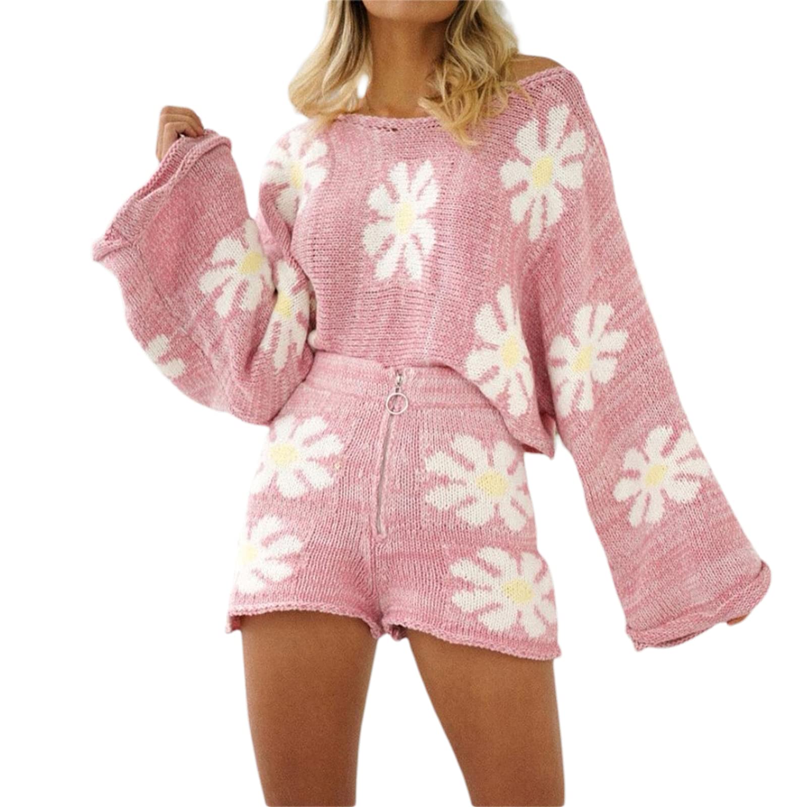 HEZIOWYUN Women 2 Piece Sweater Set Off Shoulder Floral Knit Pullover Top and Zipper Knitted Shorts Suit Spring Outfits (Pink, M)