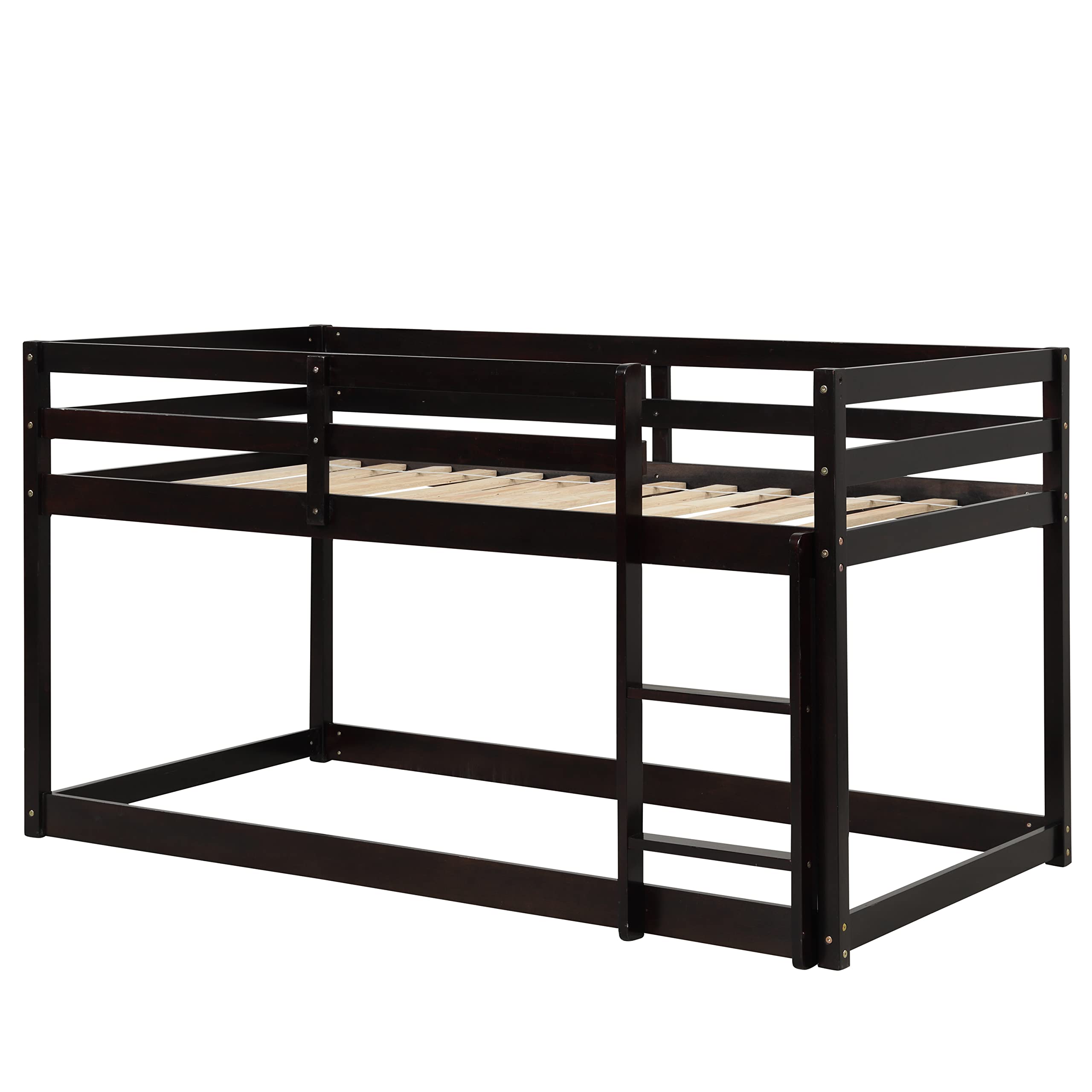 GJHOME Low Bunk Beds Twin Over Twin Floor Bunk Bed Frame Junior Loft Bed for Kids Boys Girls Teens, Espresso