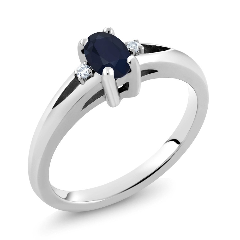 Gem Stone King 925 Sterling Silver Blue Sapphire and White Diamond Ring For Women (0.58 Cttw, Oval 6X4MM, Available 5,6,7,8,9) (Size 7)