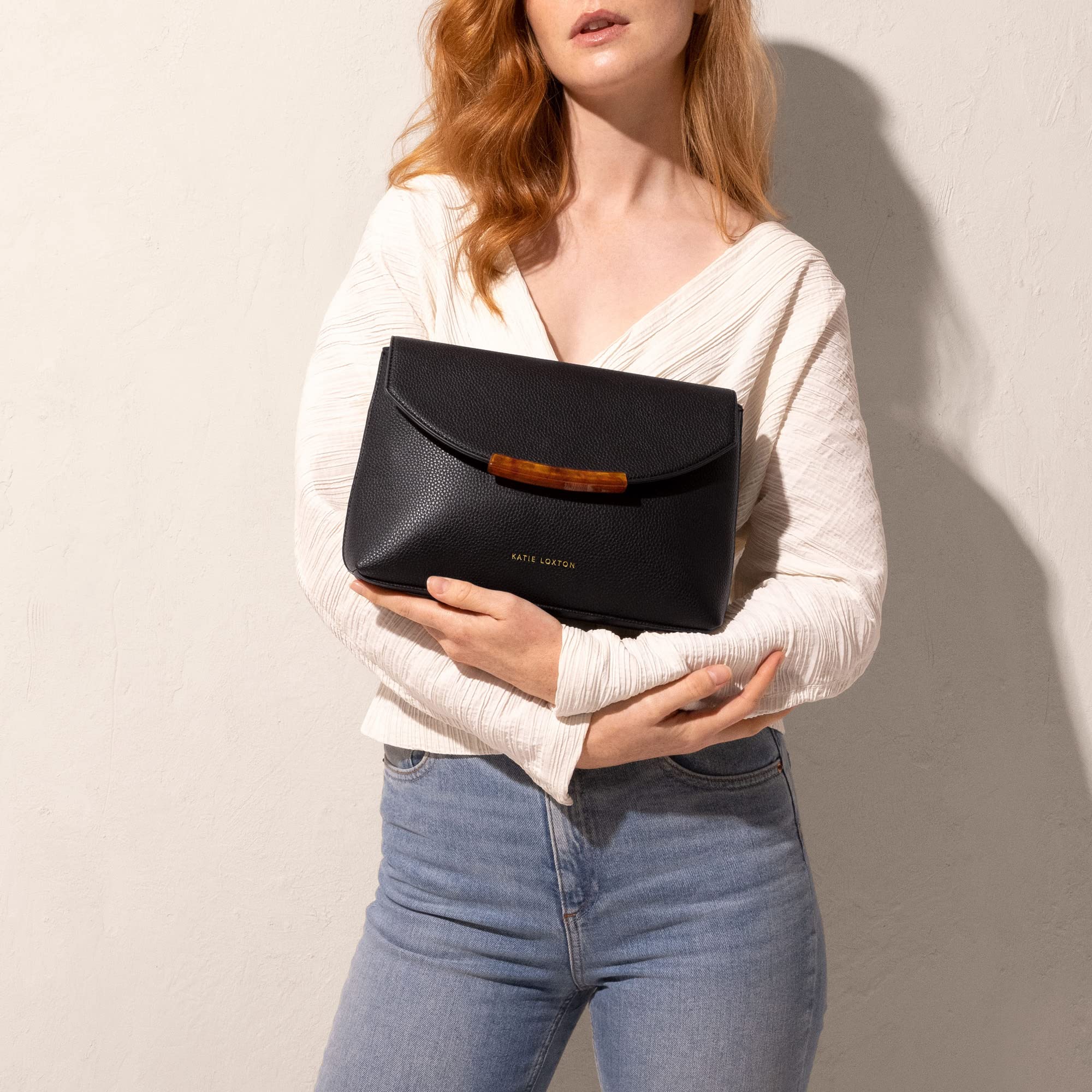 KATIE LOXTON Dani Tortoiseshell Womens Medium Vegan Leather Handbag Purse Clutch Black