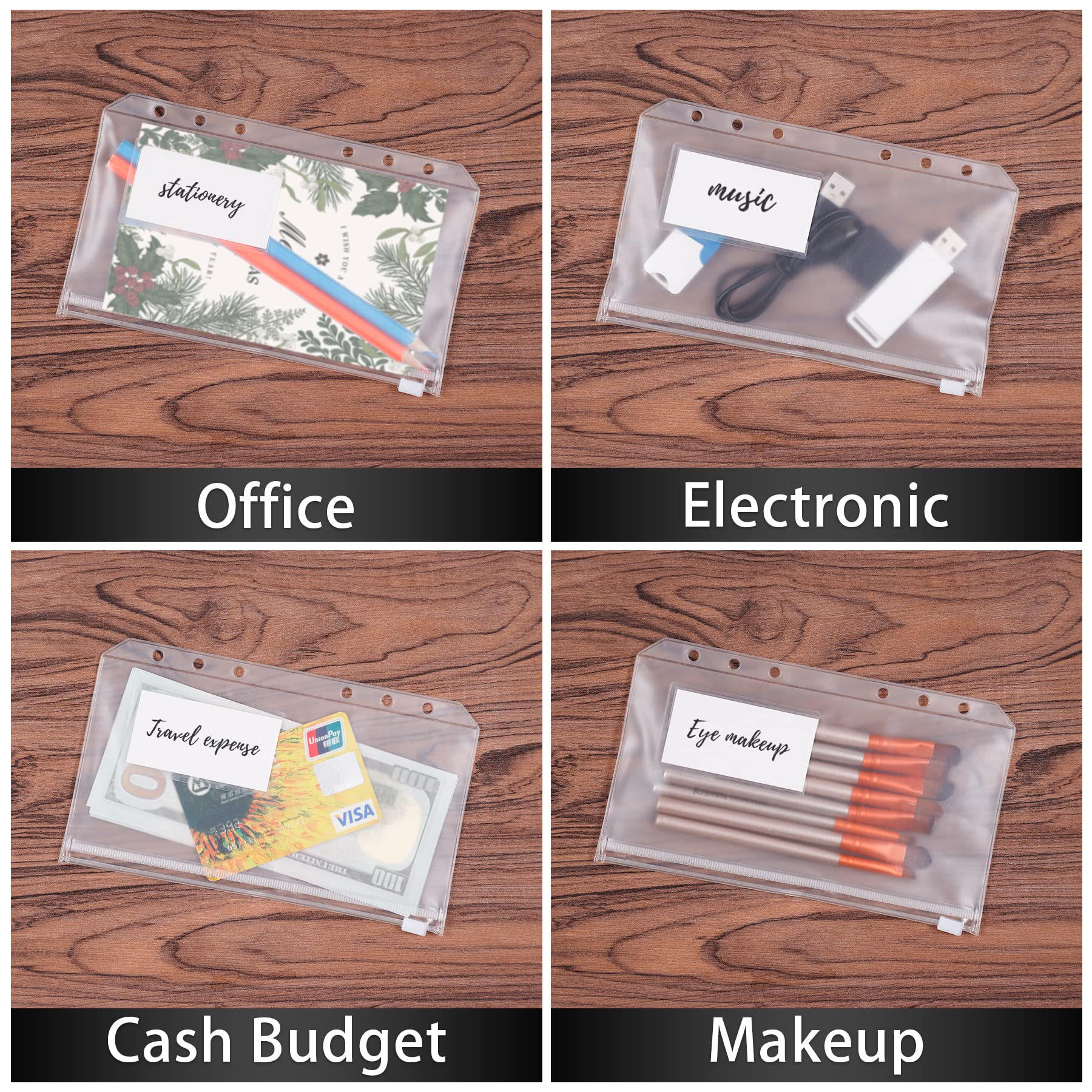 HAUTOCO 24PCS A6 Cash Envelopes with Label Pocket, Zipper Envelopes for Budgeting, Money Envelopes for Cash Saving, Clear PVC A6 6-Holes Binder Pockets Document Pouch Folder for A6 Notebook Binder