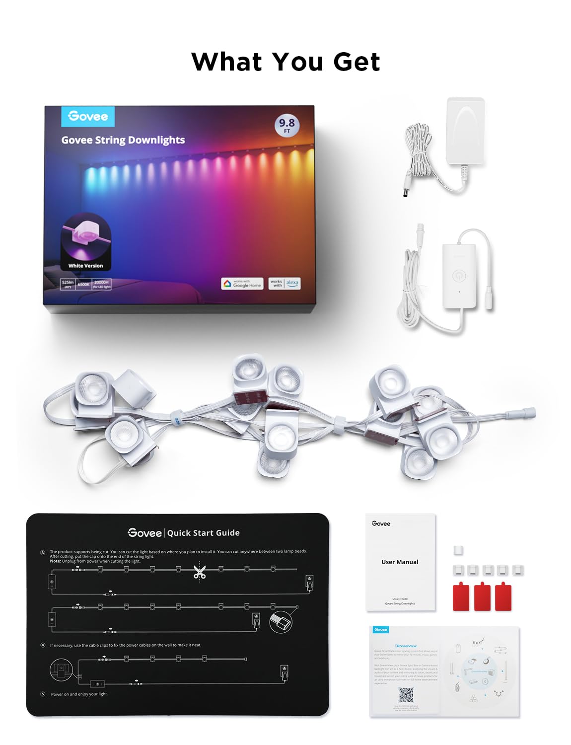 Govee RGBIC String Downlights, Smart LED String Lights Works with Alexa, Color Changing Indoor Wall Light Fixture for Party, New Year & Daily, Music Sync, 9.8ft with 15 LEDs, White