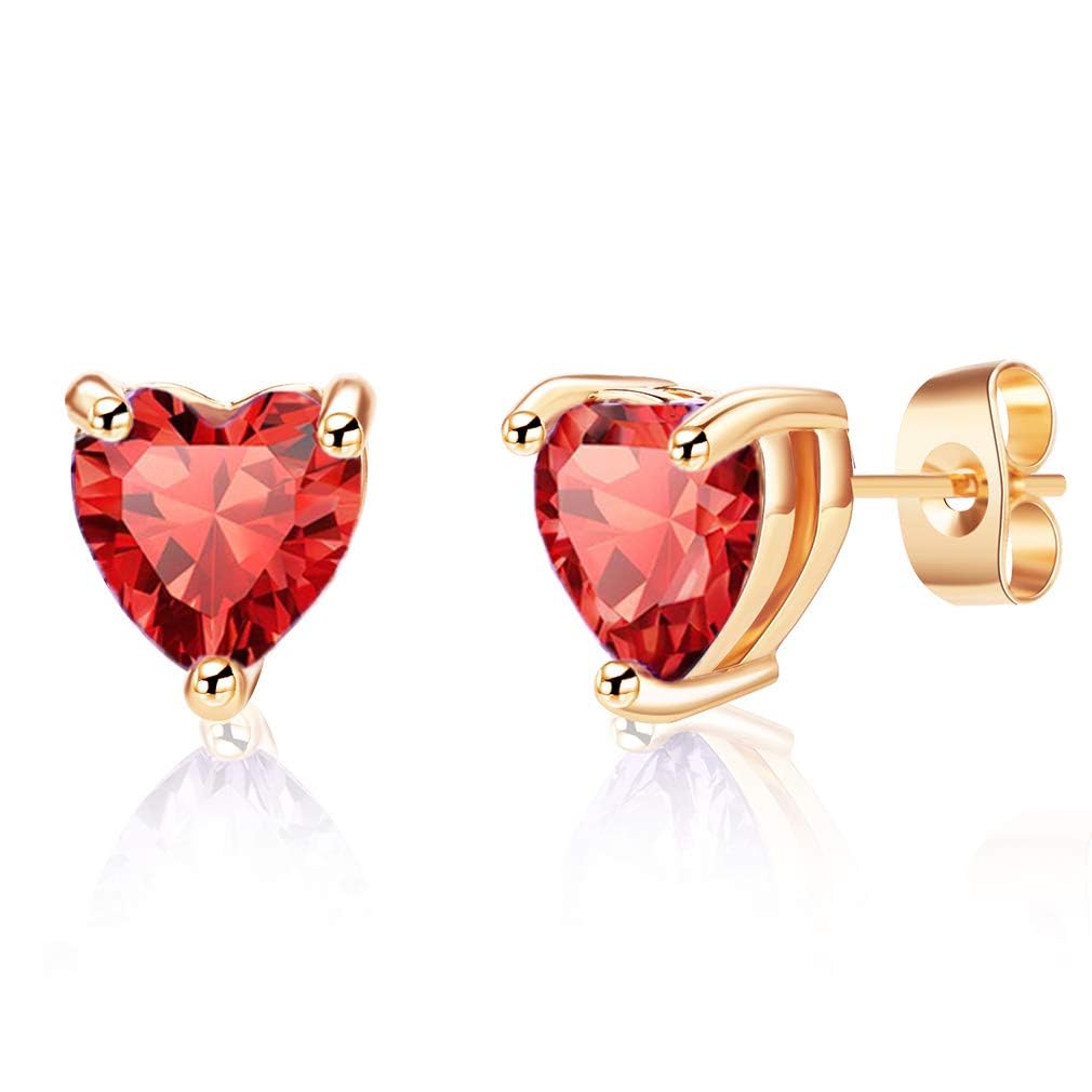 Heart Austrian Crystal Stud Earrings for Women Fashion 925 Sterling Silver Hypoallergenic Jewelry (Red)