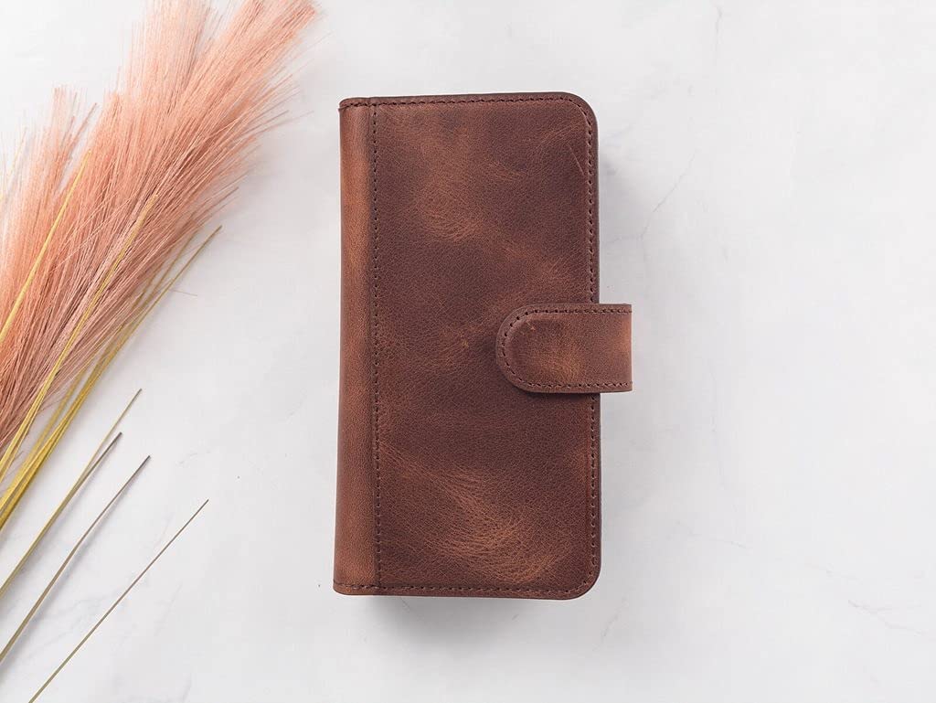 HARDISTON Premium iPhone XR Bi-Fold Wallet Case, Handmade Genuine Leather, Detachable Magnetic Flip Cover with Card Holders, Customizable, Double Fold Phone Case, Kickstand, Wireless Charging (Brown)