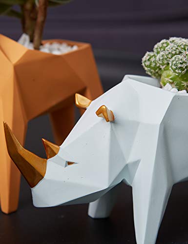 HAUCOZE Succulent Planter Rhino Statue Decor Animal Gifts Modern Sculpture Figurine Geometric Crafts Arts Polyresin Flower Pot 7.1inch