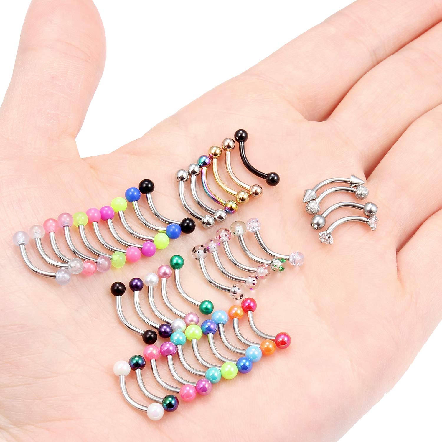 Hoeudjo 40Pcs 16G Eyebrow Piercing Rook Earrings Daith Piercing Jewelry Curved Barbell Kit Surgical Steel Tragus Vertical Lip Rings for Women Men 8mm (5/16")