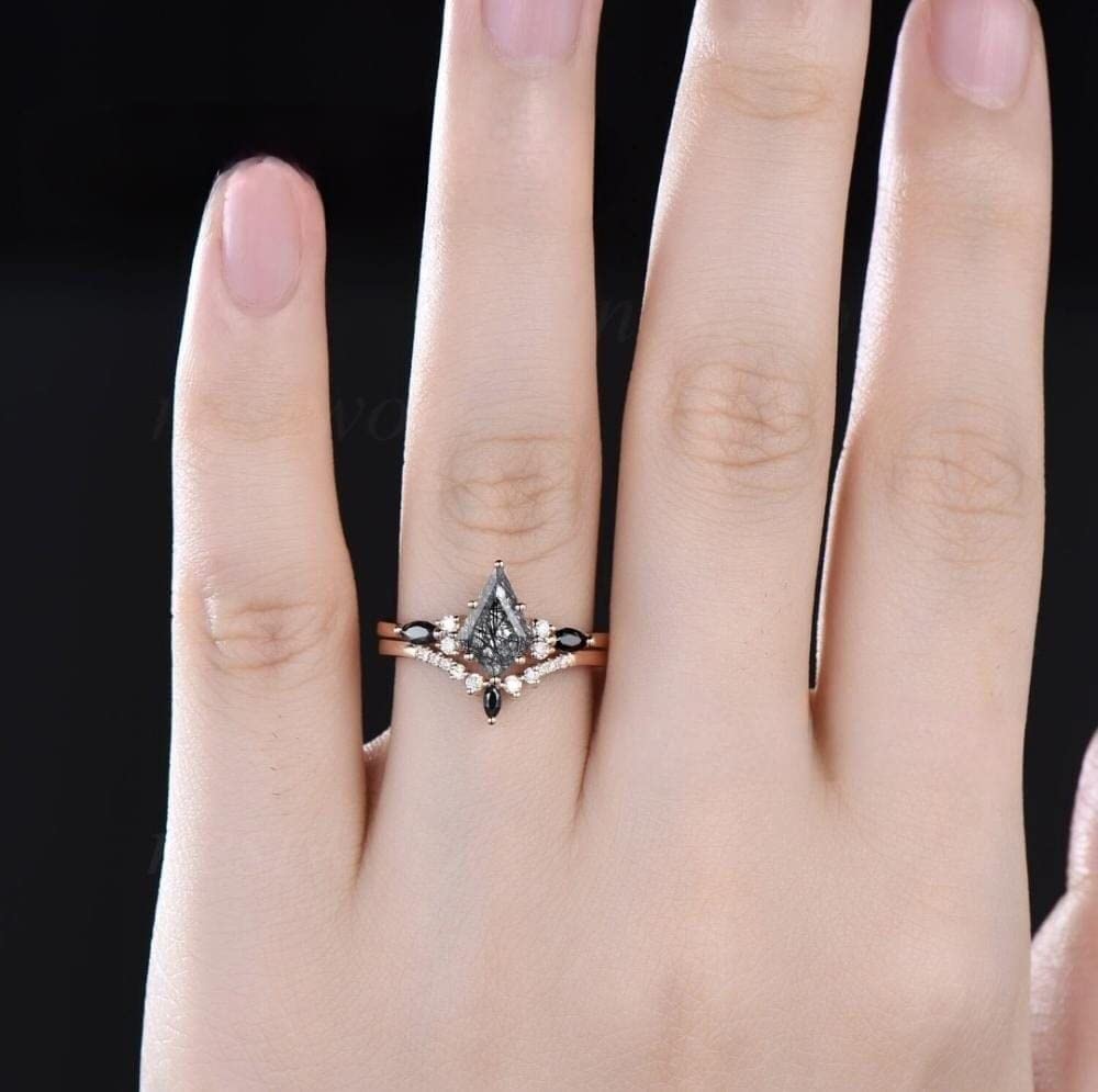 kite cut Black rutilated quartz ring rose gold silver engagement ring set for women ring marquise cut black spinel promise ring (ROSE GOLD, 6)