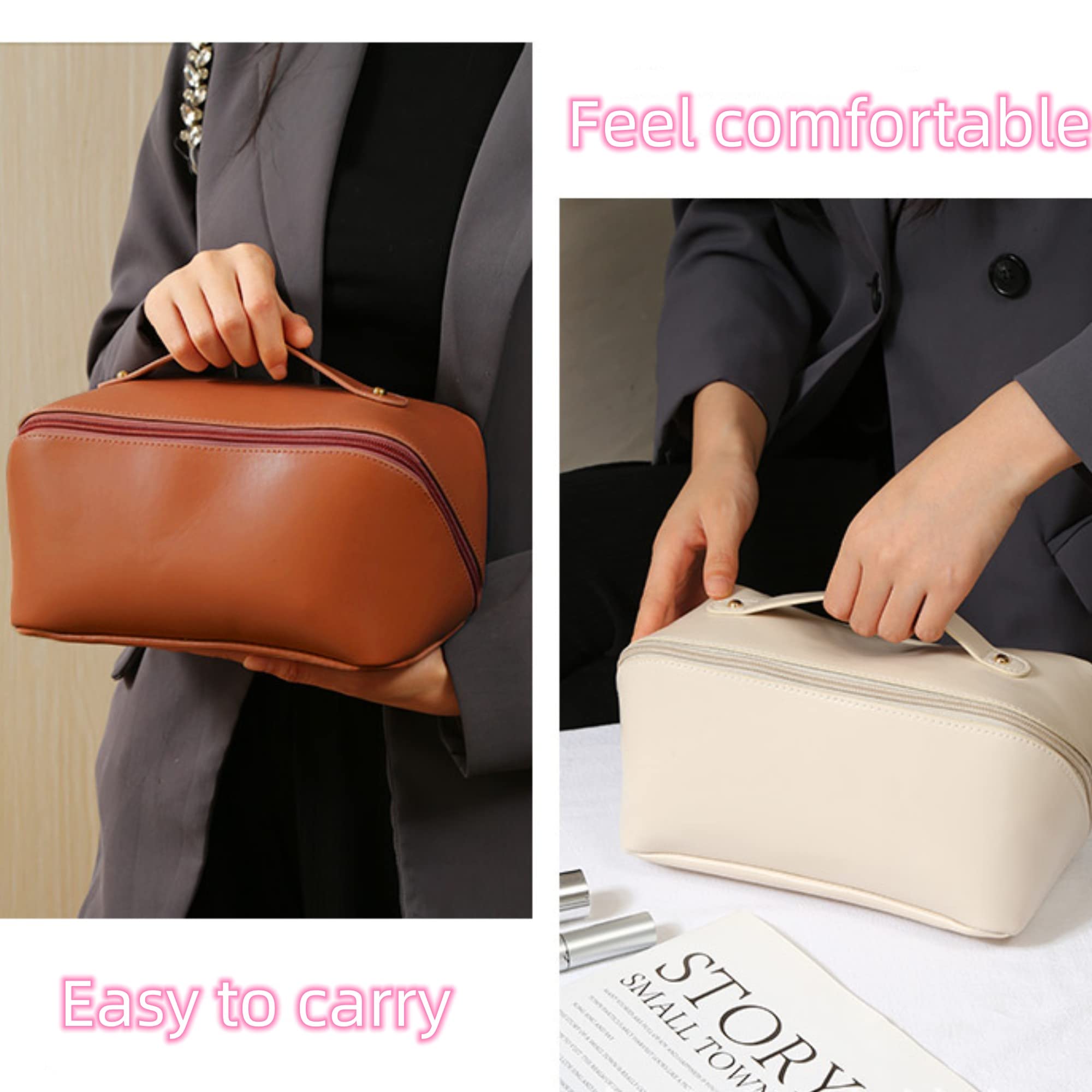 KMUG Large Capacity Travel Cosmetic Bag for Women, Multifunctional Storage Makeup Bag, Waterproof Pu Leather Compartment Cosmetic Cases with Handle and Divider Portable Makeup Pouch (Brown)
