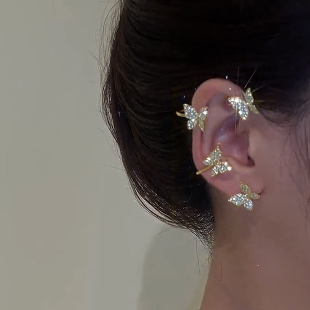 Jumwrit Rhinestone Butterfly Ear Cuffs Non Piercing Ear Clips Ear Cuffs Climber Crawler Earrings Ear Wrap Around Earrings for Women and Girls(Gold)