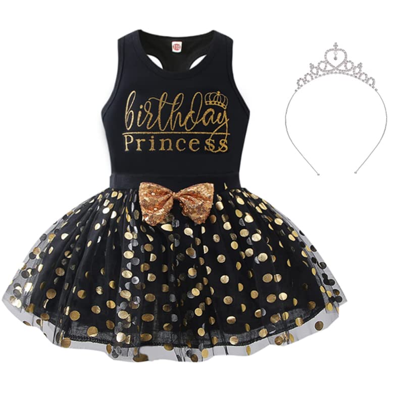 Toddler Kids Baby Girls Birthday Princess Outfits Dress Vest Sleeveless Shirt Tank Top Dot Mesh Tutu Skirt 2PCS Summer Skirt Set with Crown