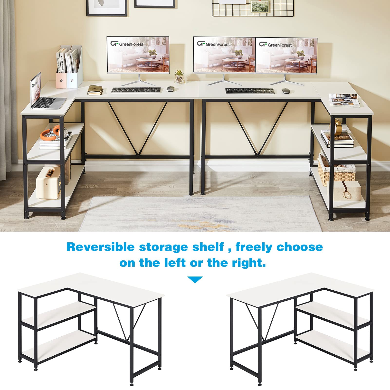 GreenForest Small L Shaped Desk 47 inch l Desk with Storage Shelf Writing Corner Computer Desk Saving Space for Home Office PC Workstation Laptop Table, White
