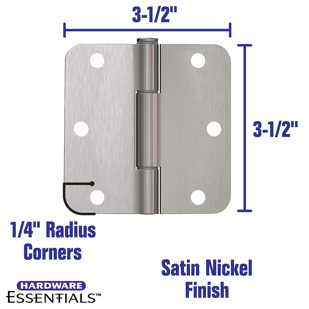 Hardware Essentials 854323 Smooth Corner Squeak-Proof Door Hinges, 3-1/2 inch, 3-1/2", Satin Nickel, 3 Pieces