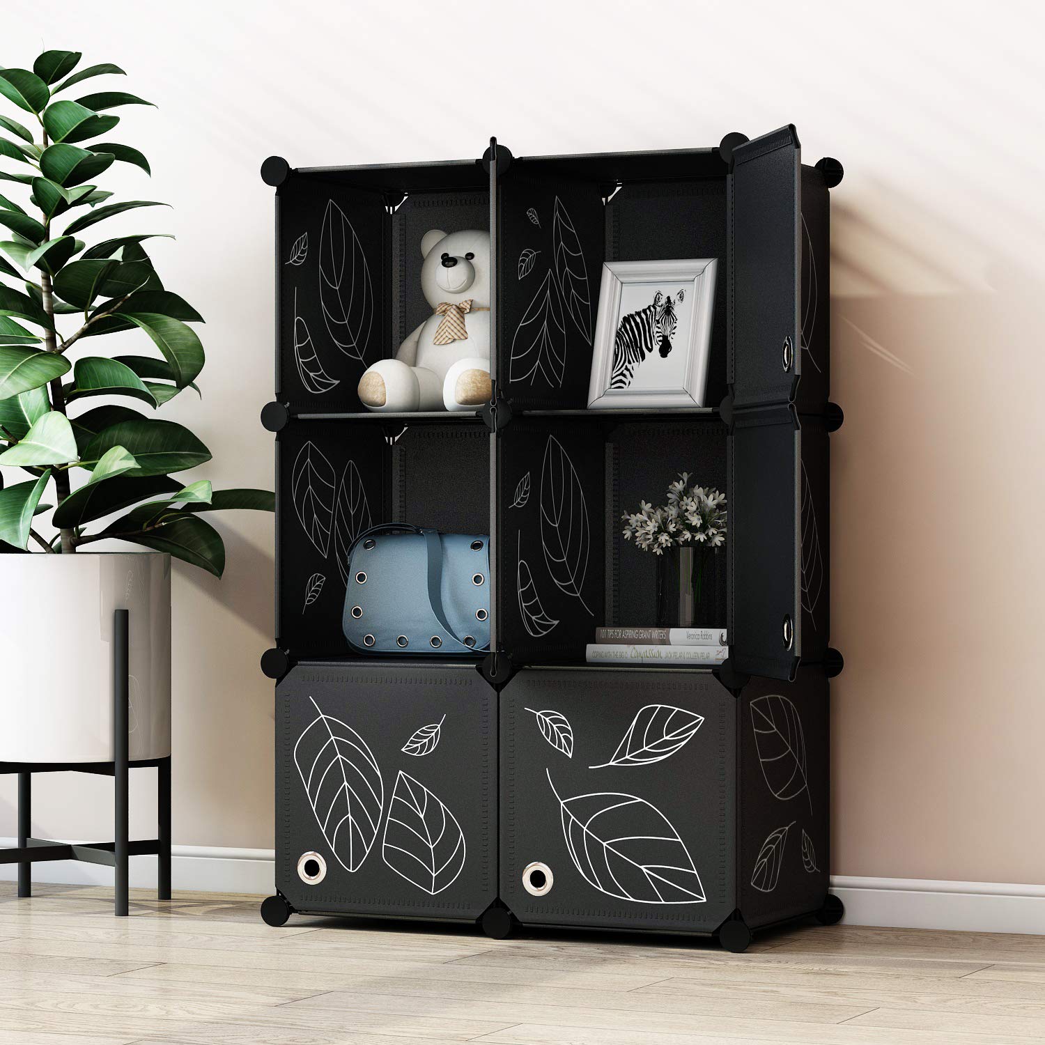 GREENSTELL Cube Storage Organizer, 6-Cube Closet Organizer with Doors, DIY Plastic Storage Cubes Organizer, Modular Storage Cabinet Book Shelf Shelving for Bedroom, Living Room, Office Black