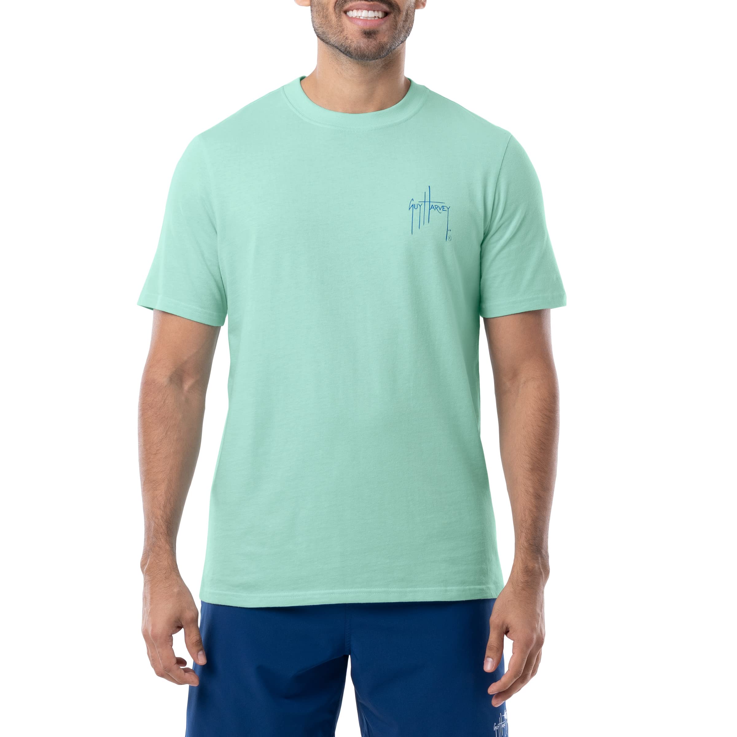 Guy Harvey Men’s All American Short Sleeve T-Shirt, Coastal Blue Heather/All American, X-Large