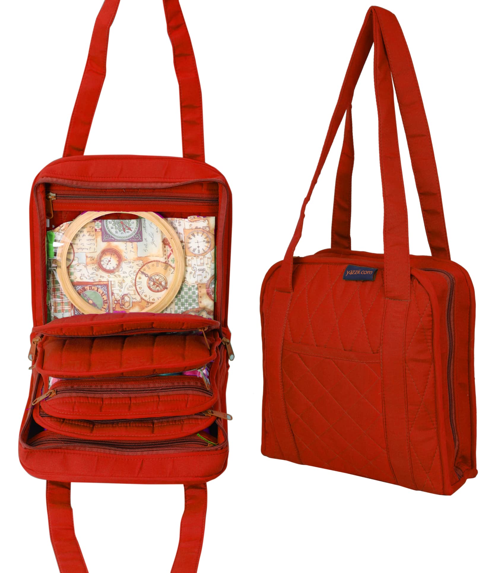 Yazzii Oval Craft Organizer Bag - Portable Organizer - Arts & Crafts Storage Bag Organizer - Multipurpose Storage Organizer for Quilting, Needlework, Knitting, Sewing, Applique & Jewelry Red